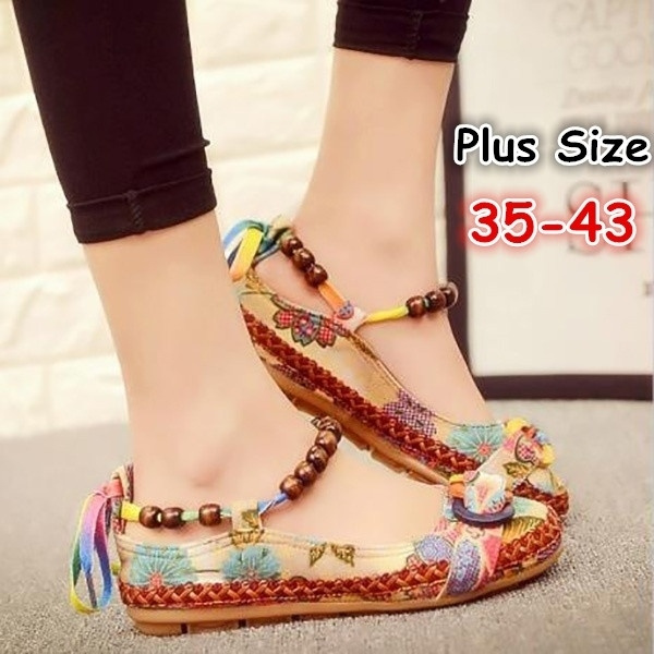 Women Ethnic Lace Up Beading Round Toe Comfortable Flats Colorful ...