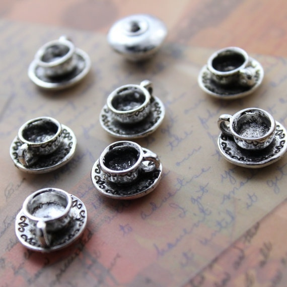 10 Coffee Cup and Tray Charms/Pendants Antiqued Silver Double Sided 3D ...