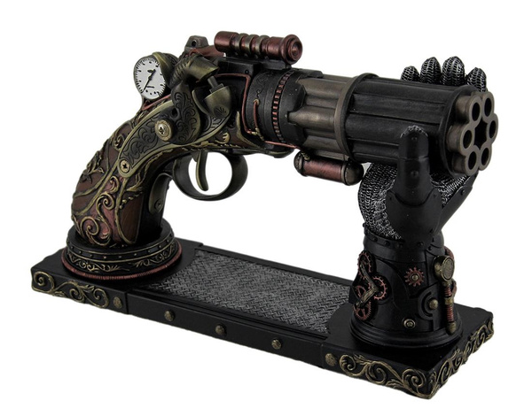 6 Barrel Decorative Steampunk Pistol Statue with Gauntlet Display Stand ...