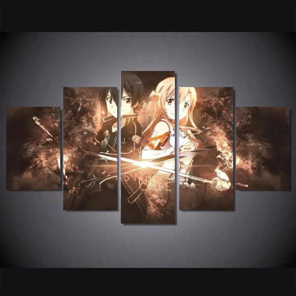 No Frame 5 Pieces Cartoon Anime Sword Art Online Kirito And Asuna ...