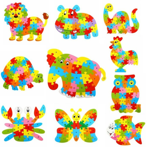 1 Pc Wooden Animal Puzzle Jigsaw Alphabet Letter Building Blocks Kids ...