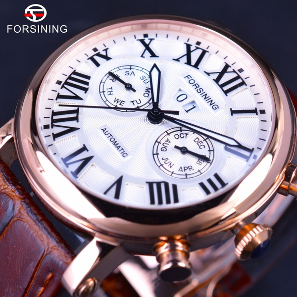 Luxury Mechanical Wristwatches Moonphase Calendar Display Brown Leather ...