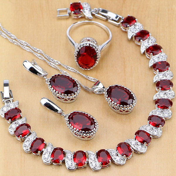 Sterling Silver Jewelry Red Ruby Jewelry Sets For Women Wedding ...