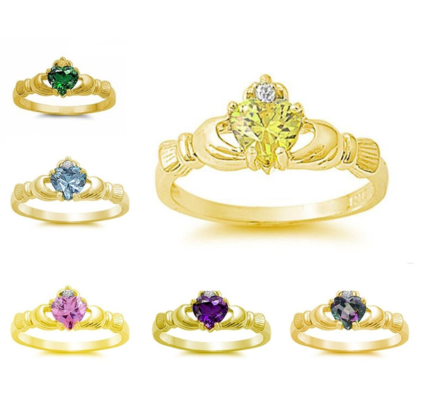 Genuine Yellow Gold Heart Promise Gemstone Irish Claddagh Ring | Wish