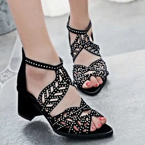 Summer Women Black Rhinestone Wedge Heel Sandals Fashion Fish Mouth ...