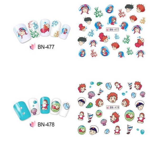 4 Sheets Ponyo Nail Art Decals Miyazaki Hayao Anime Water Transfer ...