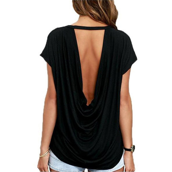 Women Summer Open Back Short Sleeve T Shirt Casual Backless Tops Tees T ...