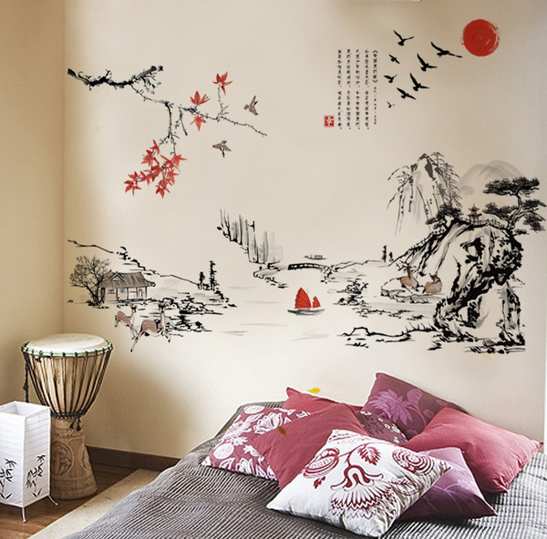 Chinese Landscape Painting Wall Decal PVC Environmental Removable ...