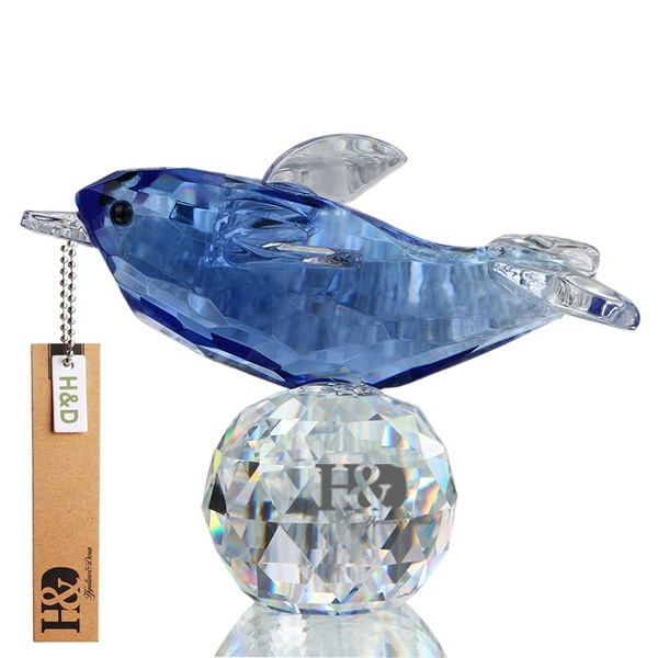 H&D 2.7'' Crystal Glass Blue Dolphin Figurines with Crystal Ball ...