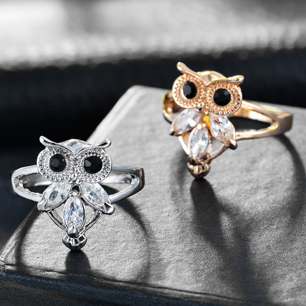 925 Silver Plated Crystal Owl Rings Diamond Owl Finger Ring Animal ...