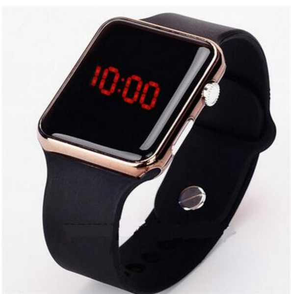 Square Mirror Face Silicone Band Digital Watch Red LED Watches Metal ...