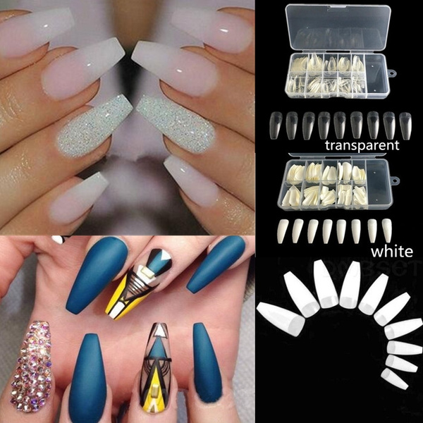 100Pcs French Stiletto Fake Nail Tips Full Cover Acrylic Artificial ...