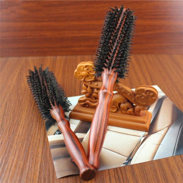 Natural Pig Mane Brown Boar Bristle Wooden Handle Roll Round Brush Head ...