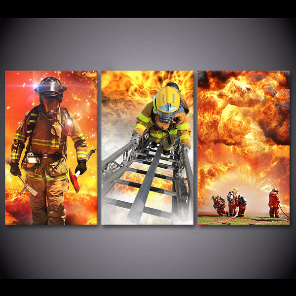 No Frame HD Printed 3 Panel Canvas Art Firefighter Fireman Fire Flame ...