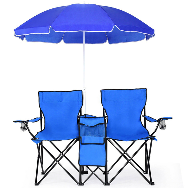 Folding Picnic Double Chair W/Umbrella Table Cooler Beach Camping Chair ...