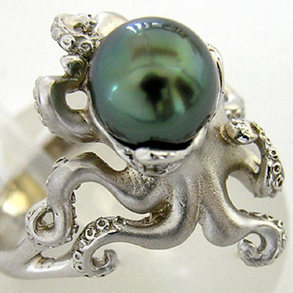 Vintage Women's Jewelry 925 Silver Plated Cuttlefish Rings Cabochon 3 ...