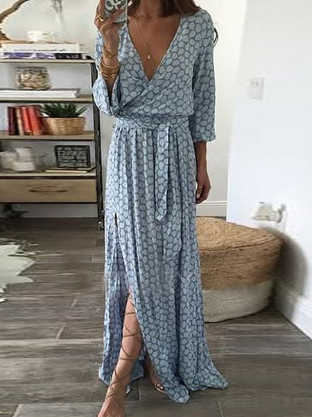Women Floral Print Long Sleeve Boho Dress Lady Evening Party Long Maxi ...