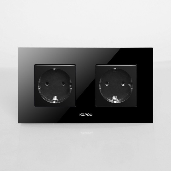 EU Double Power Socket Schuko, Black Crystal Glass Panel, 16A EU ...