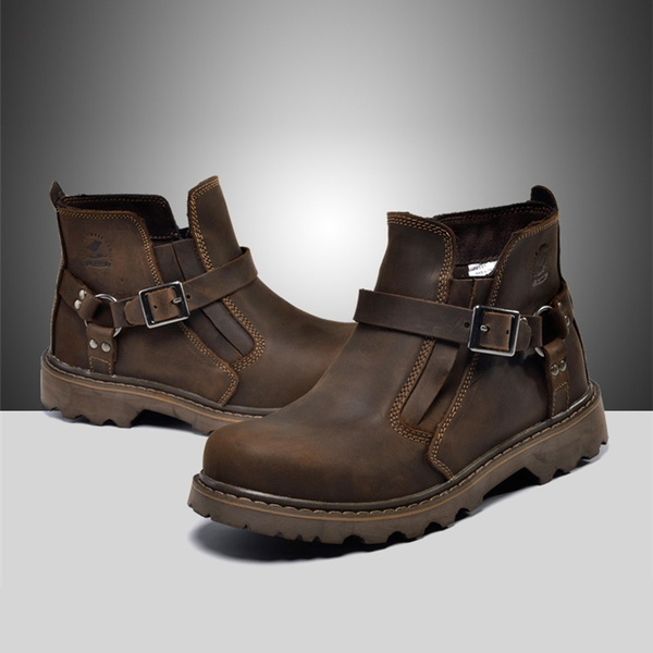 Men's Hiking Short Boots Vintage Soft Leather Ankle Boots Buckles Set ...