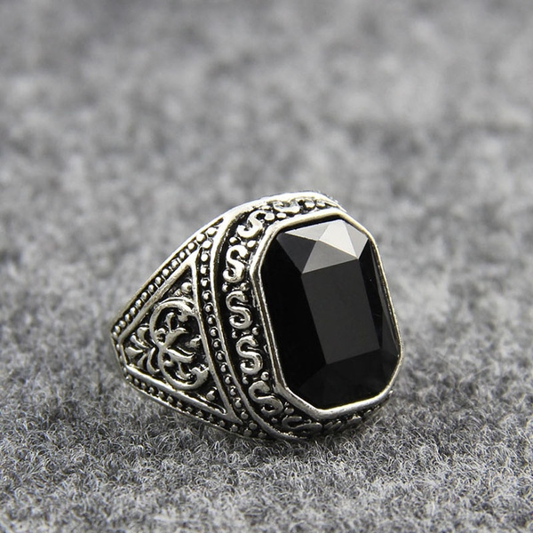 Men Ring Silver Square Big Stone Vintage Couple Finger Resin Ring ...