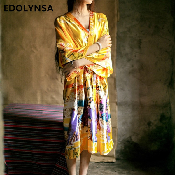 Bathrobe Women Satin Bridesmaid Robes Vintage Kimono Printed Floral ...