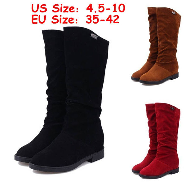 Plus SIze 35-42 Women Boots Nubuck Flock Solid Color Mid Calf Flat ...