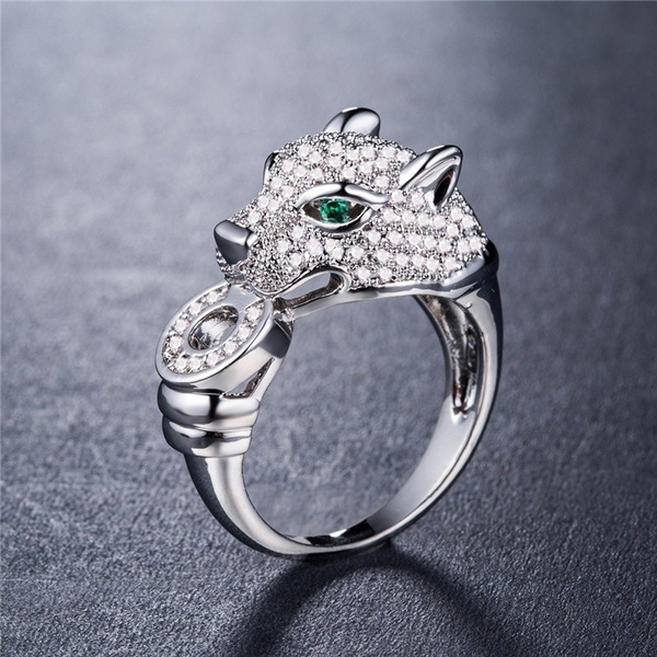 Women Man Emerald Diamond 925 Silver Wedding Engagement & Leopard Head ...