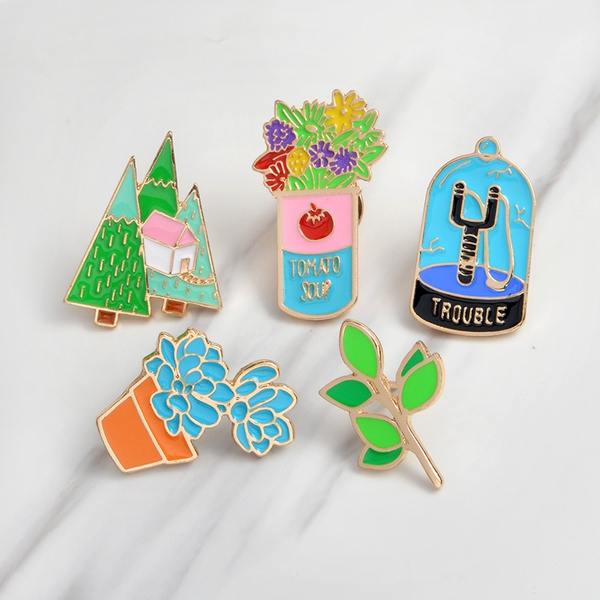Metal Enamel Pin Button Cartoon Succulent Plants Leaves Jungle House ...