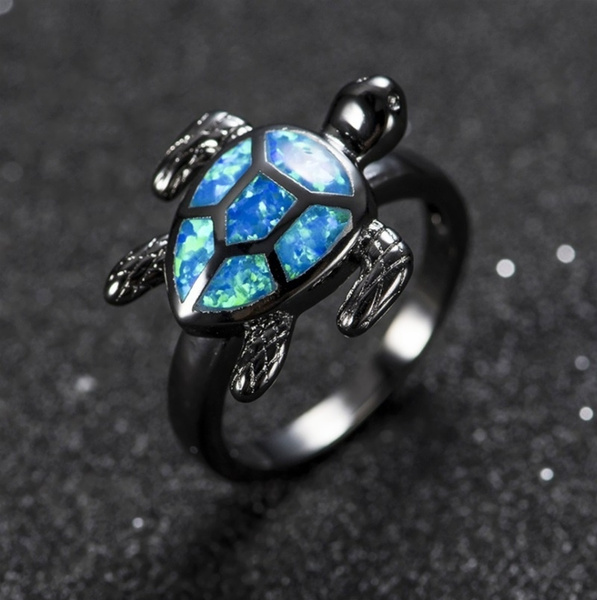 Blue Tortoise Fire Opal Ring for Women Black Jewelry Engagement Animal ...