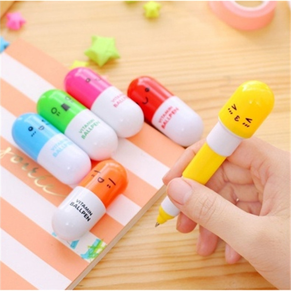 6X Cute Face Pill Ball Point Pen Telescopic Vitamin Capsule Ball Pen ...