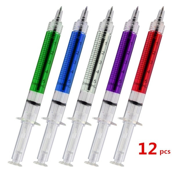 12pcs Needle Tube Pen Writing Syringe Shaped Free Ink Ballpoint Pen 153 ...