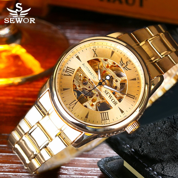 SEWOR Hollow Full Golden Skeleton Mens Watches Brand Luxury Automatic ...