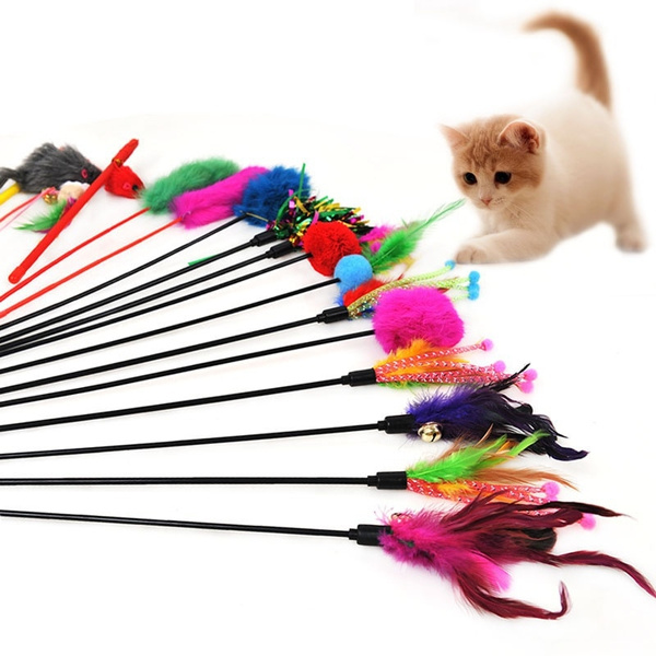 2PCS Feather Mouse Wand Rod Refills with Bell Pet Cat Toy Interactive ...