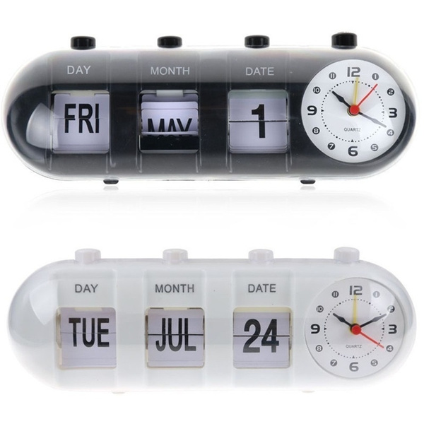 Manual Flip Digital Quartz Alarm Clock Day Date Calendar Time Display