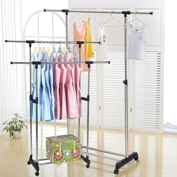Telescopic Single/Dual-bar Clothes Rack with Shoe Shelf | Wish