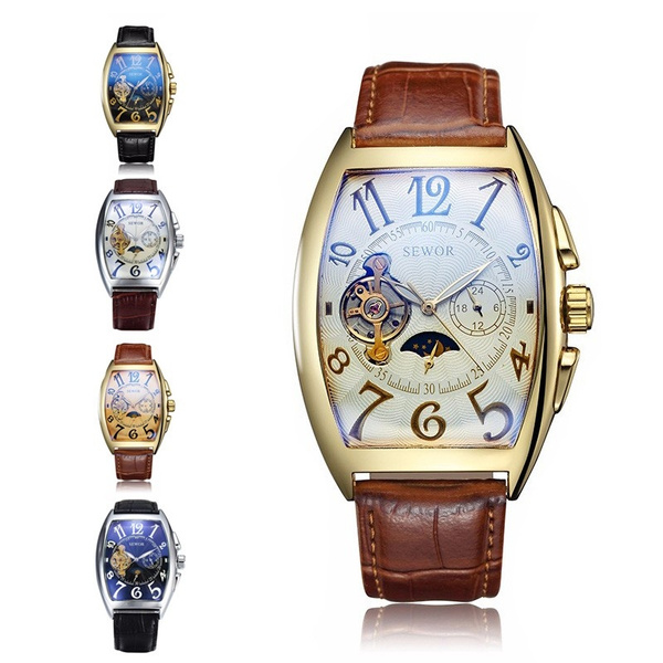 Automatic Mechanical Men Watch Moon Phase Square Dial Leather Skeleton ...