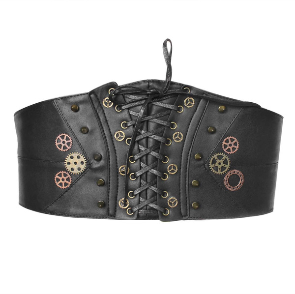 Black WIDE FAUX LEATHER Corset Waist Adjustable BELT Gears Steampunk ...