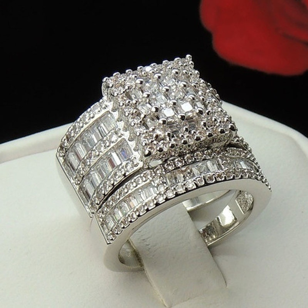 Silver Diamond Engagement Ring Set Fashion Jewelry | Wish