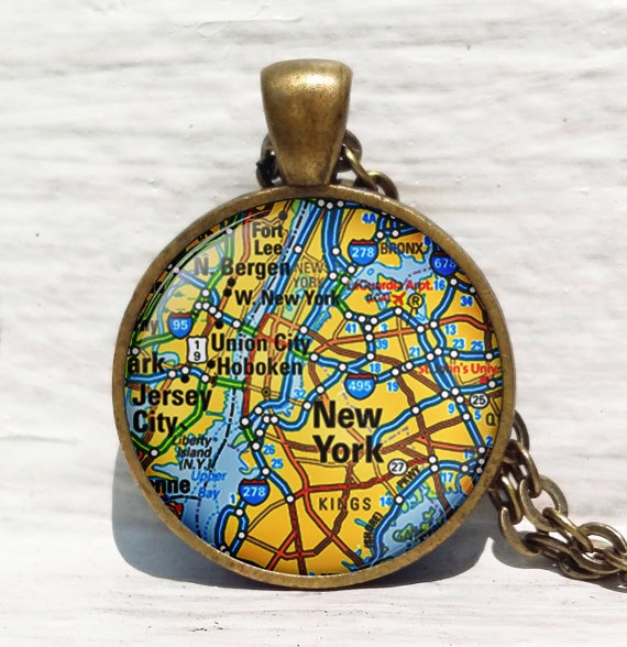 New York map necklace, Manhattan map pendant, Brooklyn Bronx map Queens ...