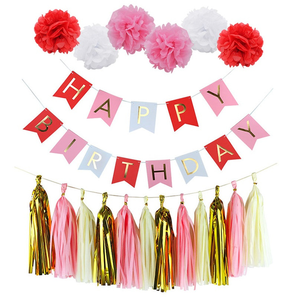 1set Happy Birthday Banner White Tissue Paper Tassel Garland Pompom ...