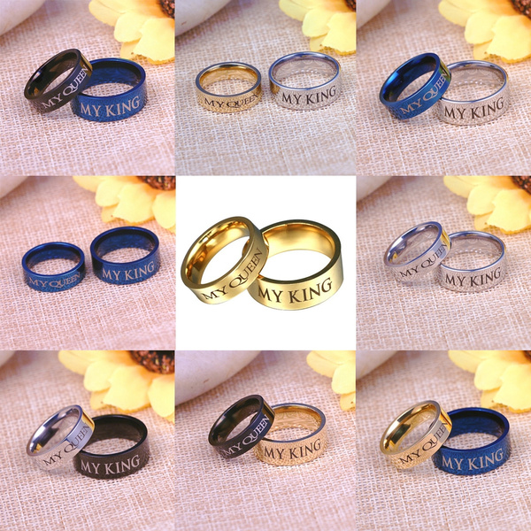 New Fashion Couple Rings My Queen And My King Matching Wedding Bands Titanium Steel Promise ...