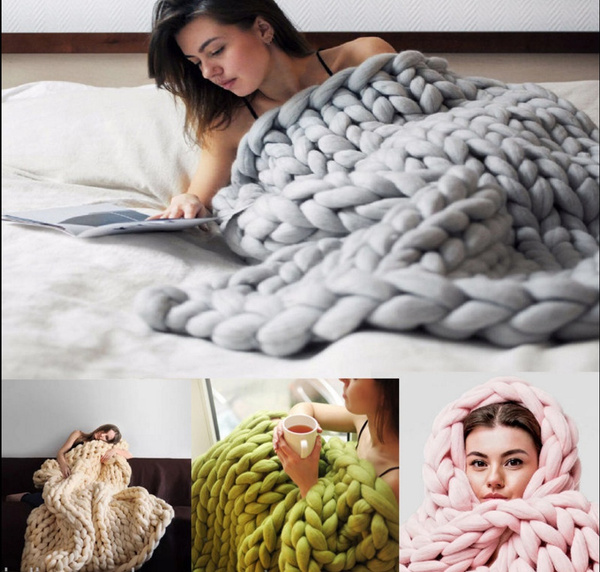 Chunky Knitted Thick Blanket Hand Yarn Bulky Knit Throw Sofa Blanket | Wish