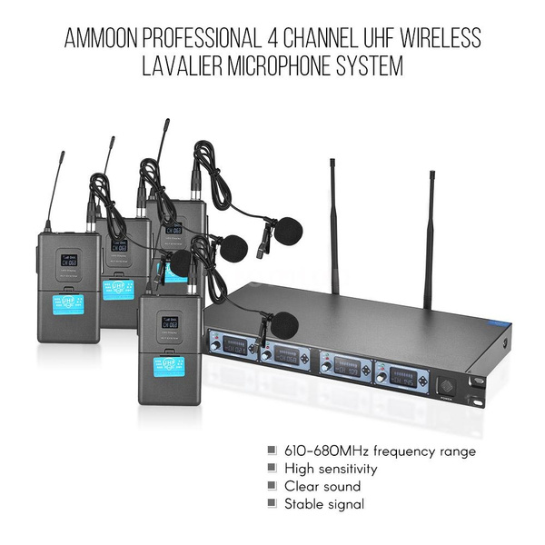 Ammoon 4S Professional 4 Channel UHF Wireless Lavalier Lapel Collar ...