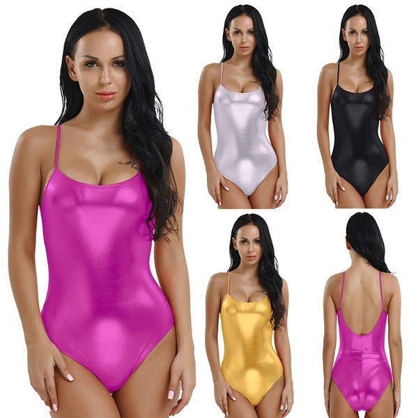 Women Patent Leather One Piece Spaghetti Shoulder Straps Thong Leotard