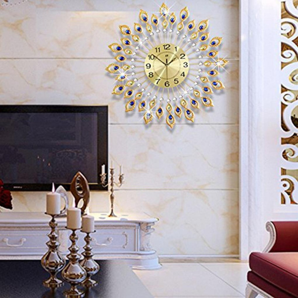 Luxury Flower Rhinestone Silence Golden European Home Decor Wall Clock ...