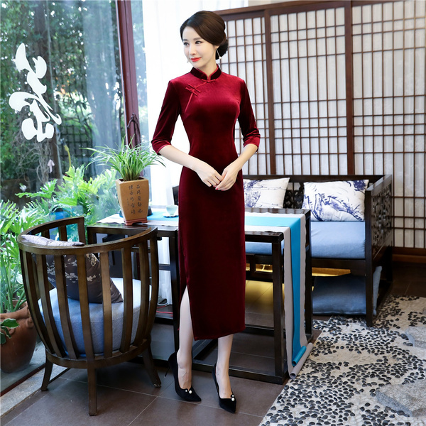 Shanghai Story Half Sleeve Chinese Velvet Qipao dresses Autumn ...