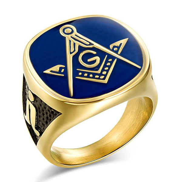 Gold BlueTitanium Steel Freemason Masonic Ring For Men Hip Hop Jewelry ...