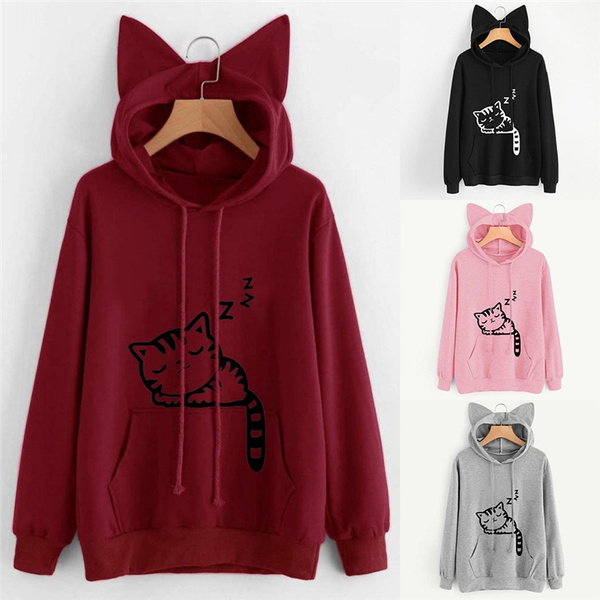 Women Cute Cat Ears Long Sleeve Drawstring Pullover Hoodies Hooded ...