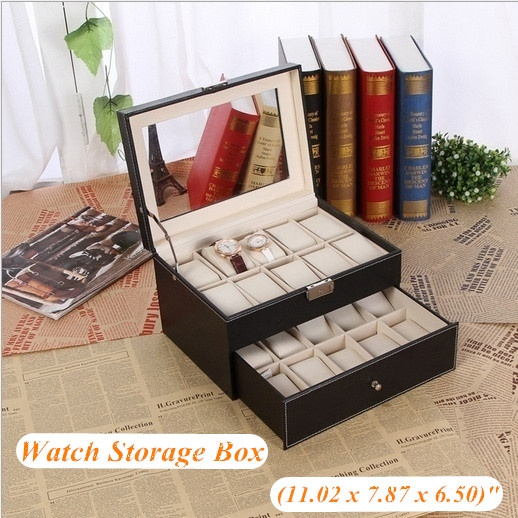 20 Compartments Dual Layers Elegant Wooden Watch Collection Box Black ...