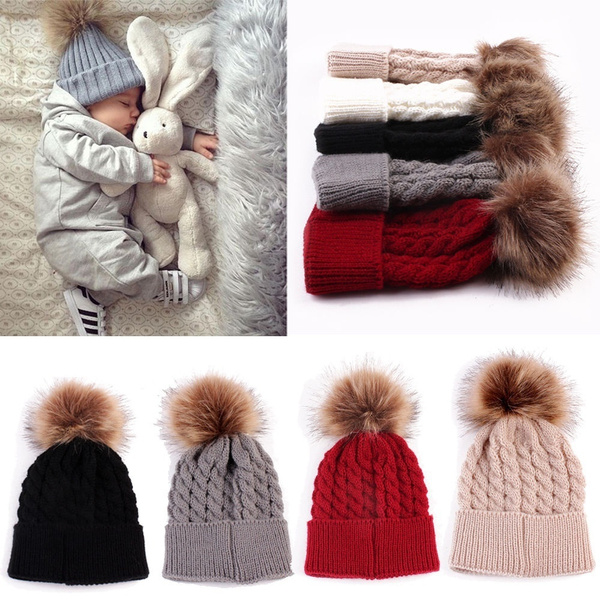 Newborn Girls Boys Winter Warmer Wool Fur Kids Cap Pompom Ball Baby ...